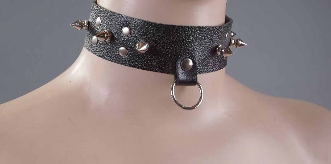Ошейник «Подиум» декоративный с шипами, натуральная кожа, черный, 3.5 см, 34-41 см