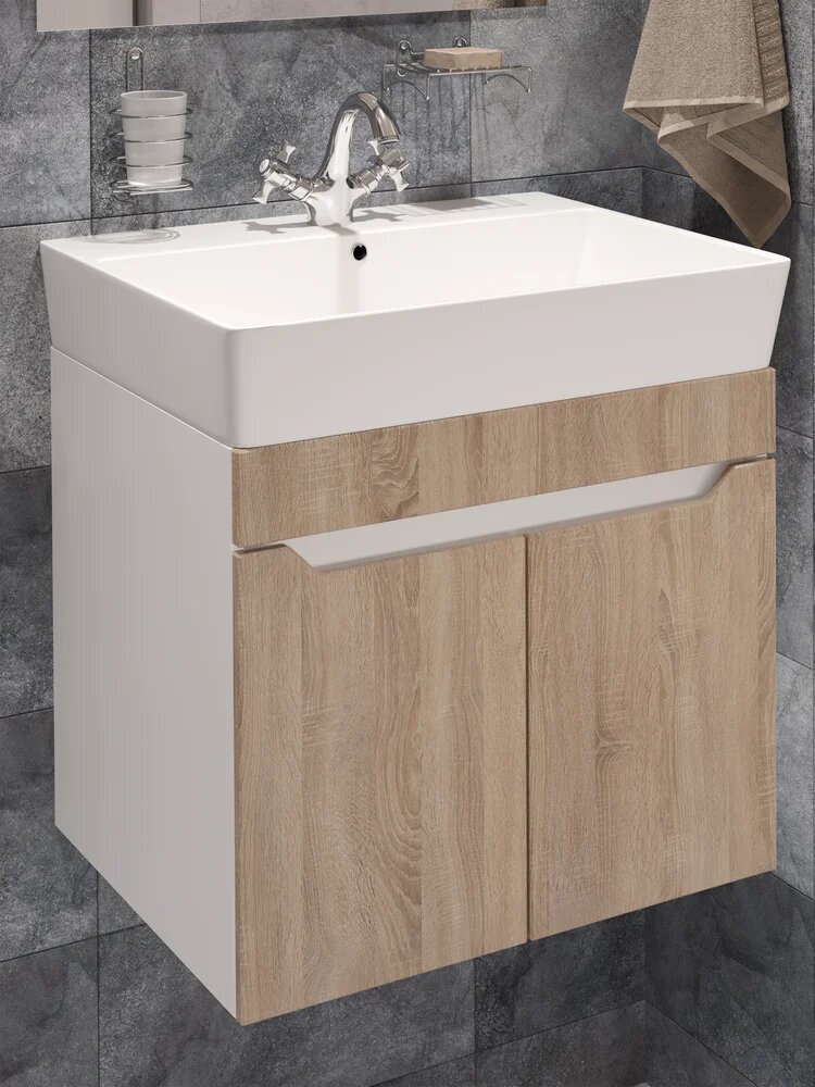 Тумба с раковиной DIWO Архангельск 60 подвесная, 60 см, белая, светлое дерево, матовая, из МДФ, с дверками, раковина для ванной фаянсовая, прямоугольная, встроенный слив-перелив, с сифоном