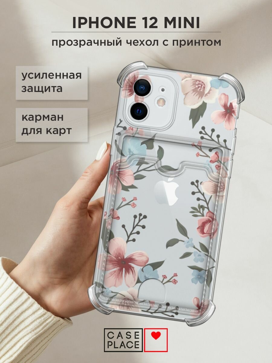 Чехол на Apple iPhone 12 mini (Айфон 12 Мини) с картой и принтом "Нежная рамка из цветов"