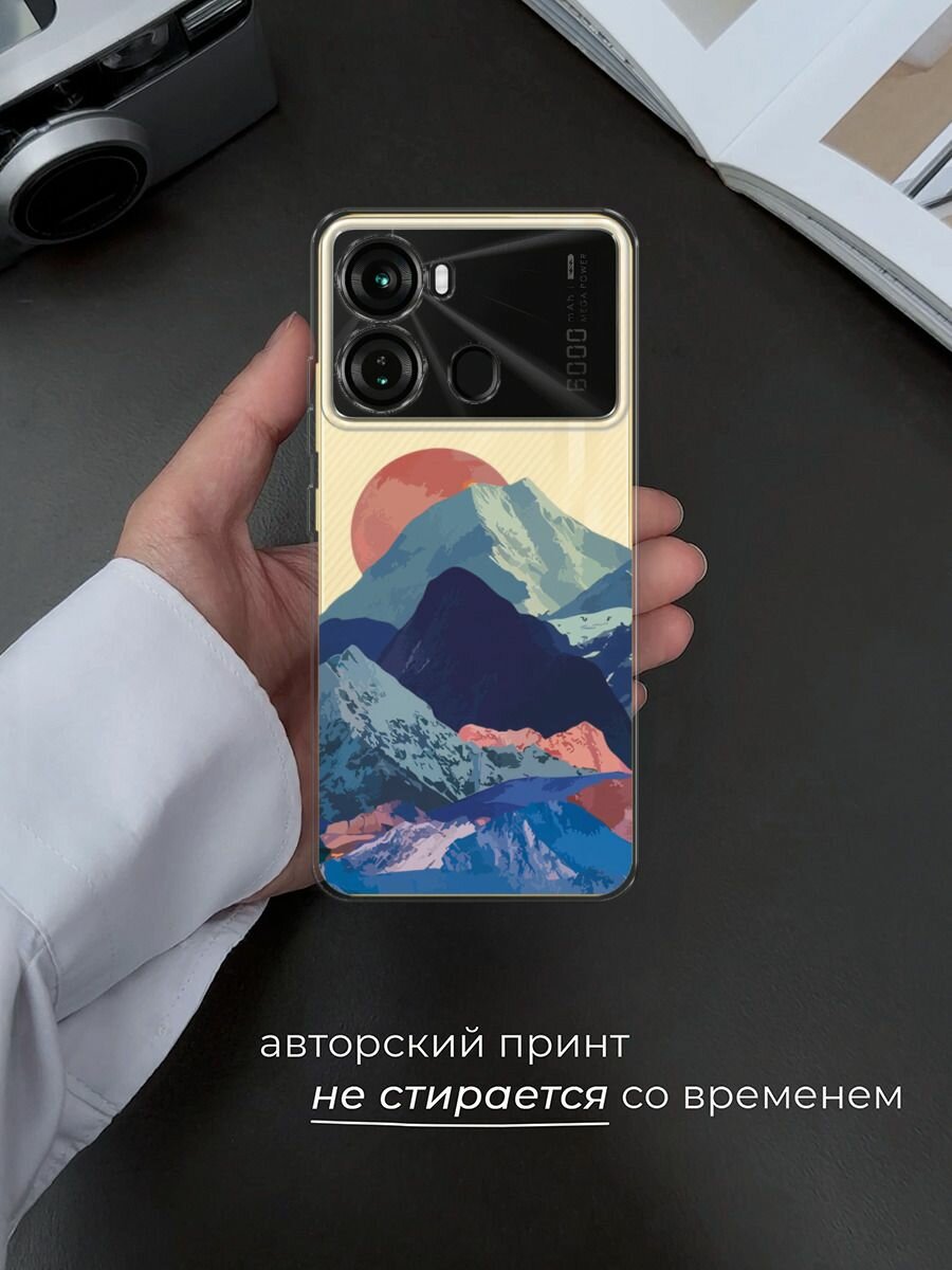 Чехол на Itel P40 / Ител P40 с принтом "Закат в снежных горах", прозрачный — фото 1