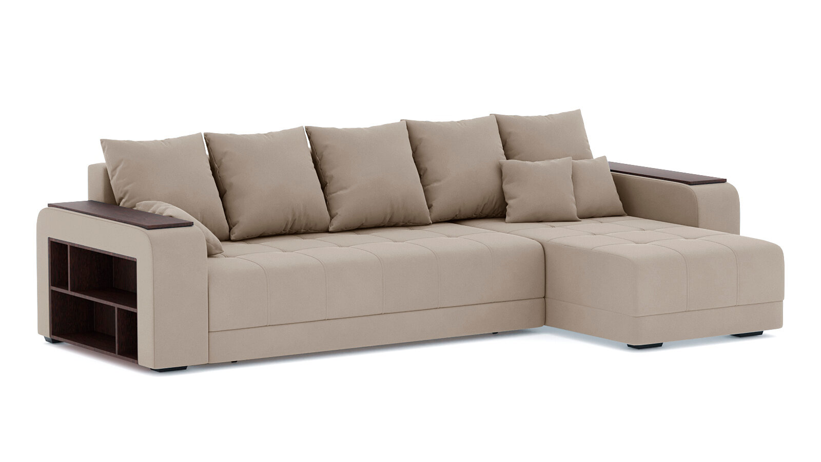 Угловой диван кровать Дубай, угол универсальный, полки в подлокотнике, велюр Макс Беж 07