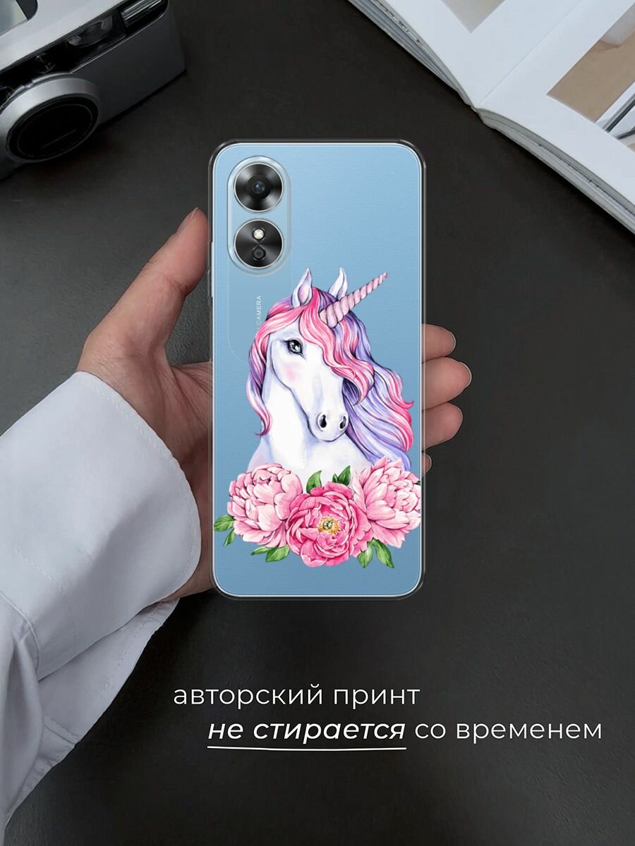 Чехол на Oppo A17 / Оппо A17 с принтом "Единорог с пионами", прозрачный — фото 1