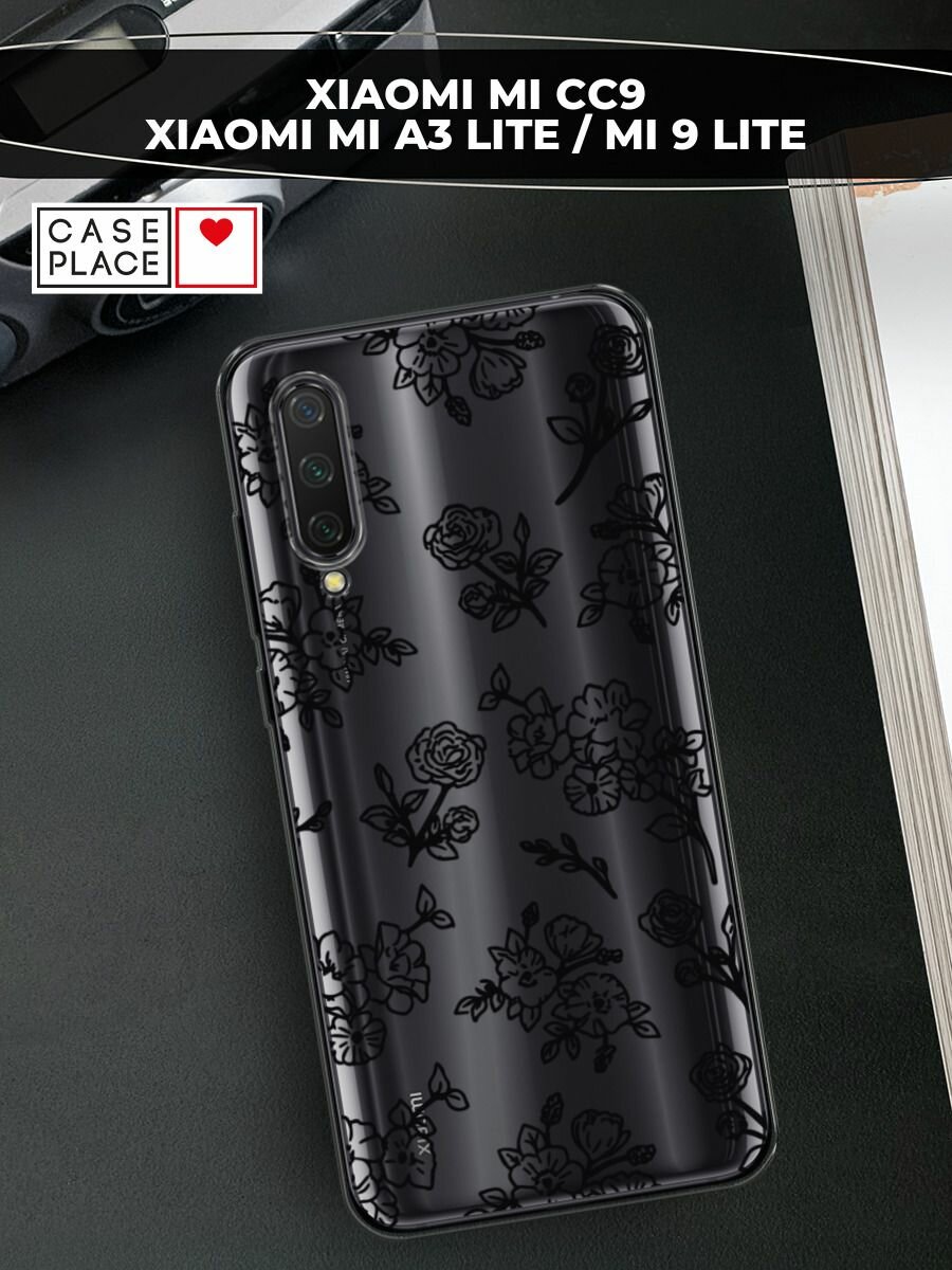Чехол на Xiaomi Mi CC9/A3 Lite/9 Lite / Сяоми Mi CC9/A3 Lite/9 Lite с принтом "Черные розы паттерн", прозрачный