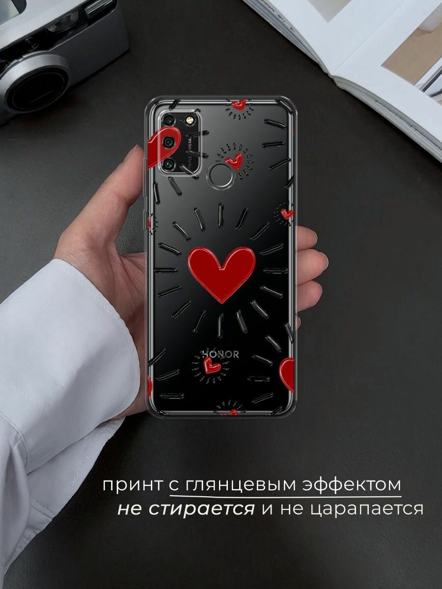 Чехол на Honor 9A / Хонор 9А с принтом "Бордовые сердца паттерн" — фото 1