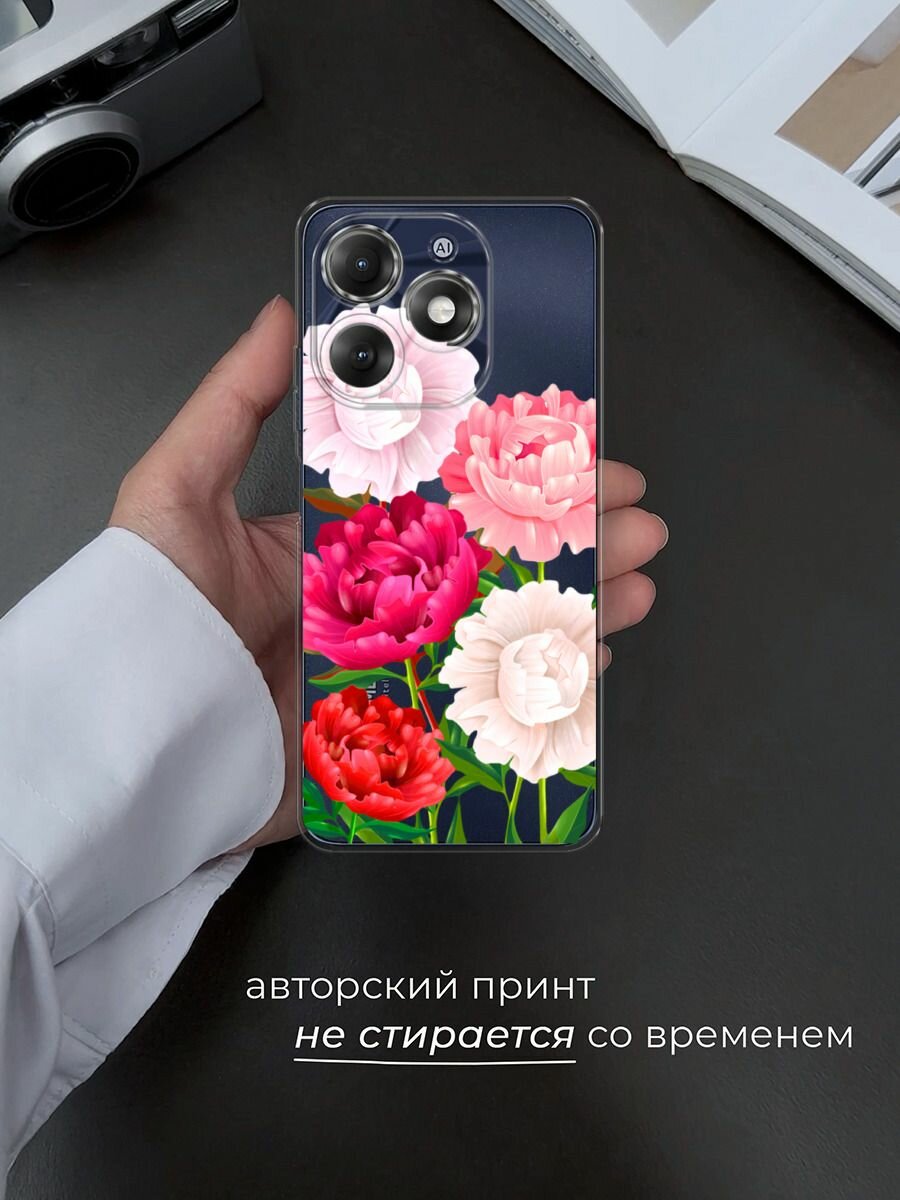 Чехол на Itel A70 / Ител А70 с принтом "Большие пионы", прозрачный — фото 1