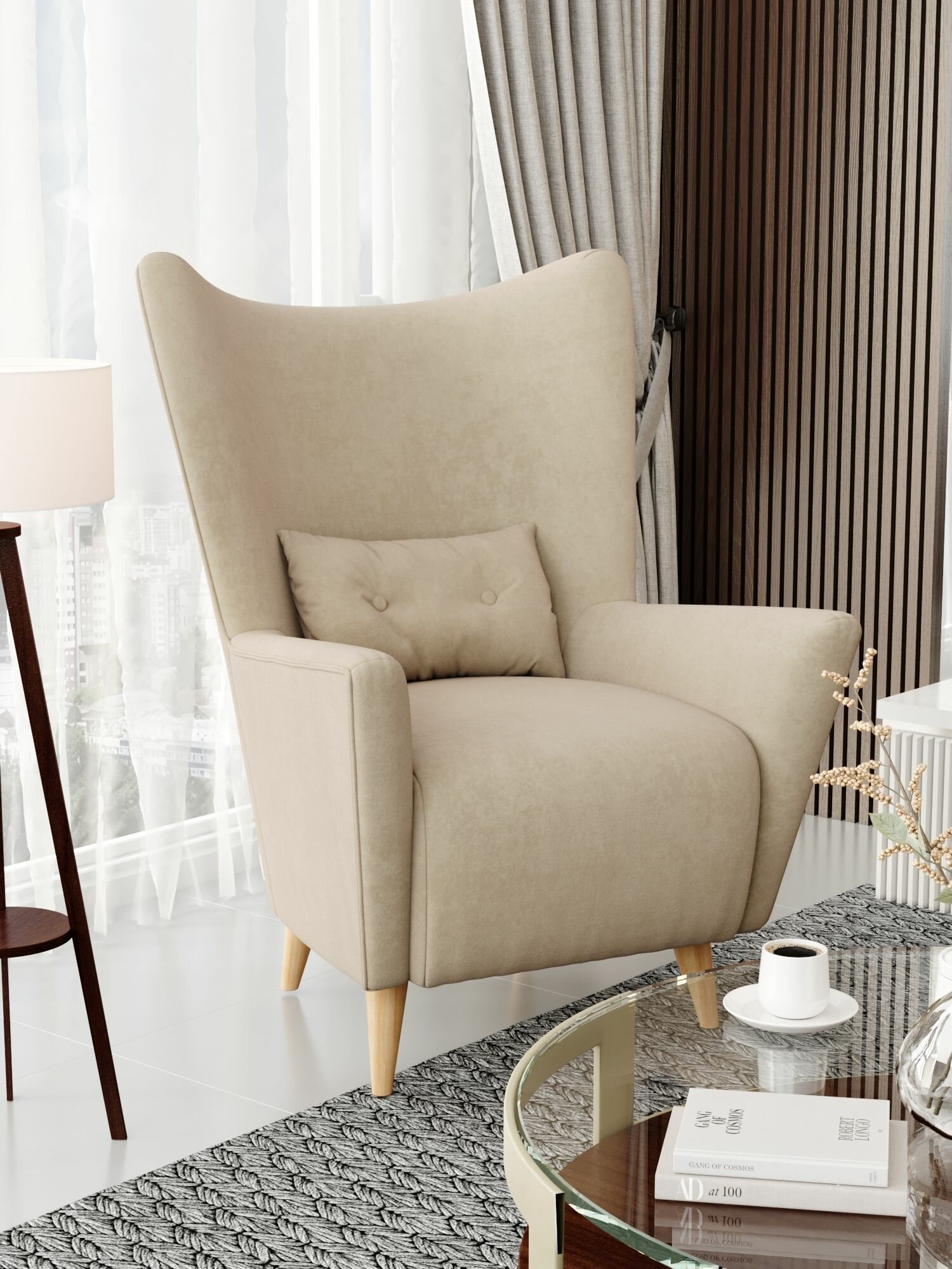 Кресло мягкое для дома, отдыха в гостиной Грейс от W&B, премиум велюр темно-бежевый