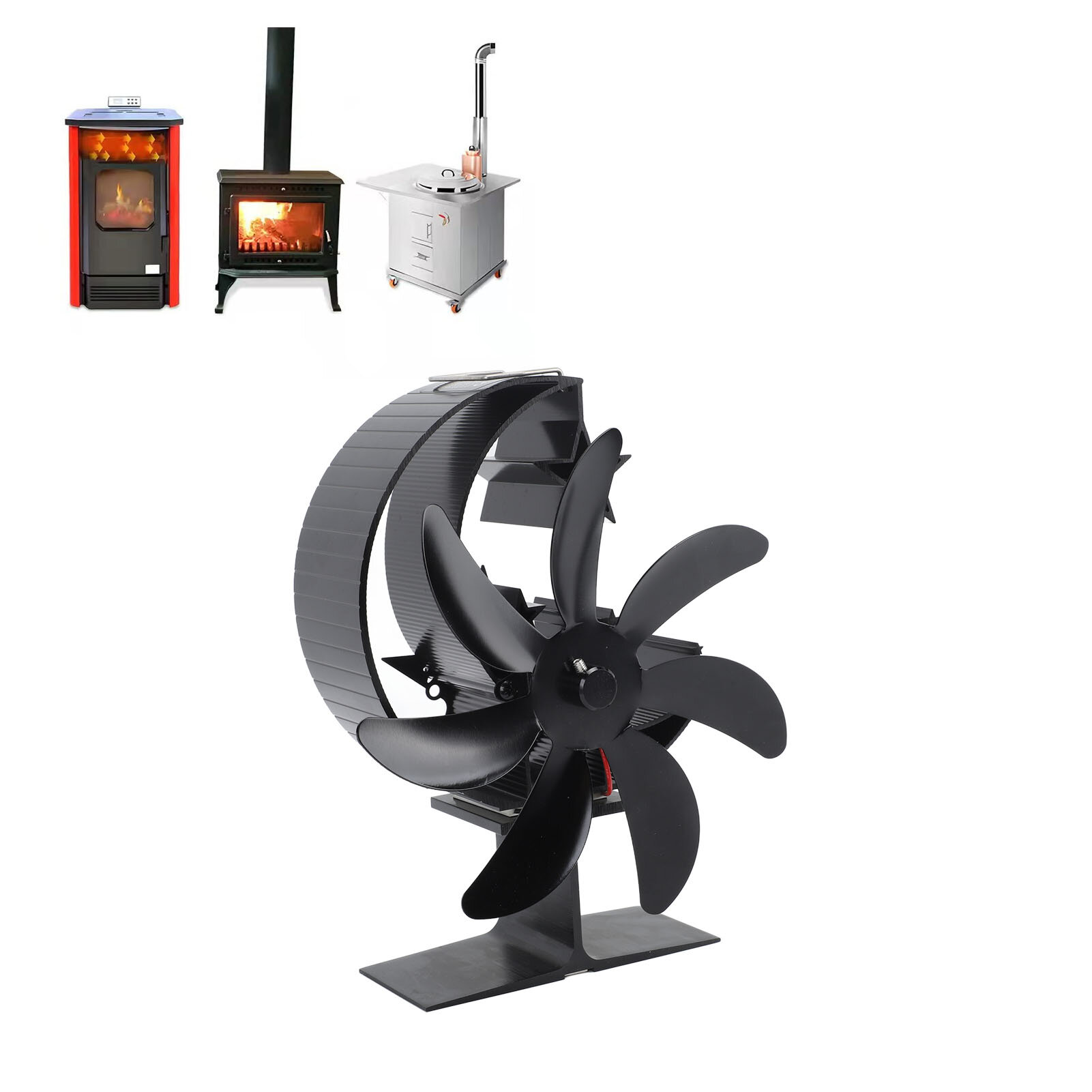 Вентилятор печи с 7 лопастями, модель Луны, бесшумная работа, циркулирующий теплый воздух, высокоэффективный вентилятор для дровяной печи, аксессуары для дровяной печи, черный