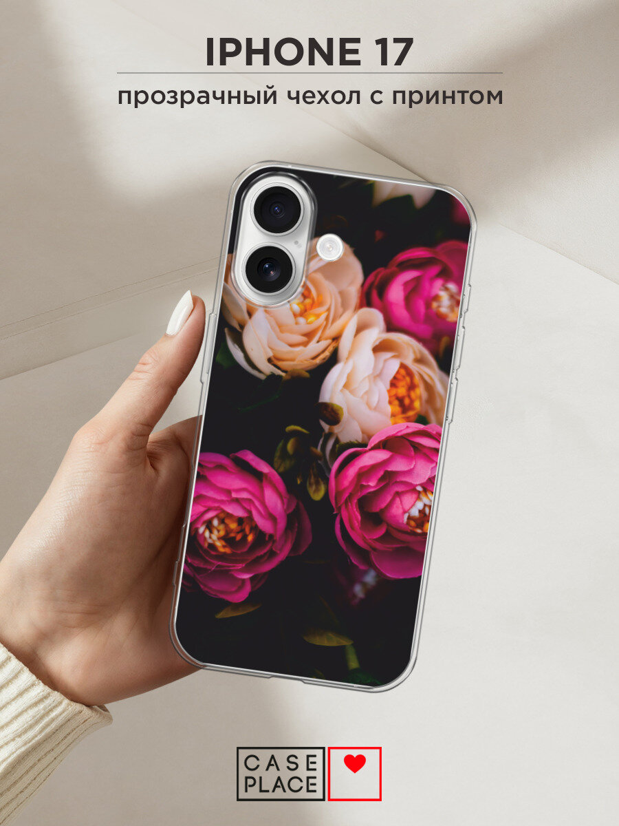 Чехол на Apple iPhone 17 / Айфон 17 с принтом Розовые пионы на черном