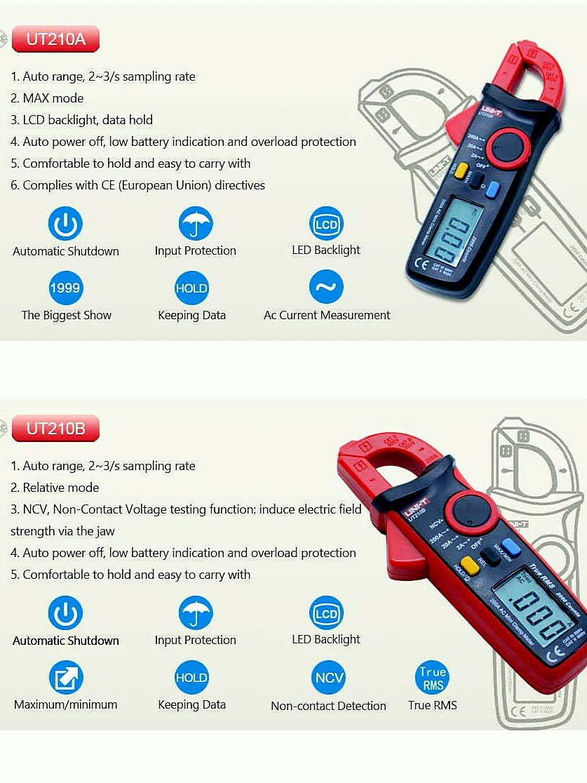 Токовые клещи мультиметр UNIT UT210B переменного тока до 200А. True RMS, NCV, автоматический выбор диапазонов. — фото 1