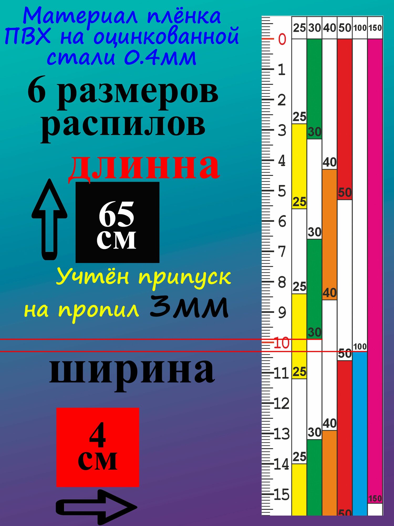 Линейка для пилорамы 65см, пропил 3мм, 6 размеров, сталь