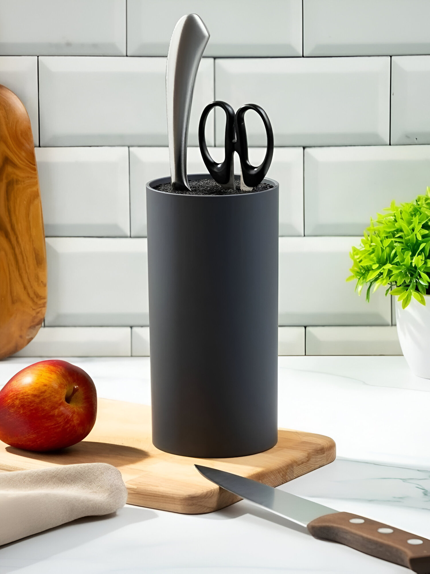 Подставка для ножей и ножниц 11х11х22 см, пластиковая с наполнителем, серая