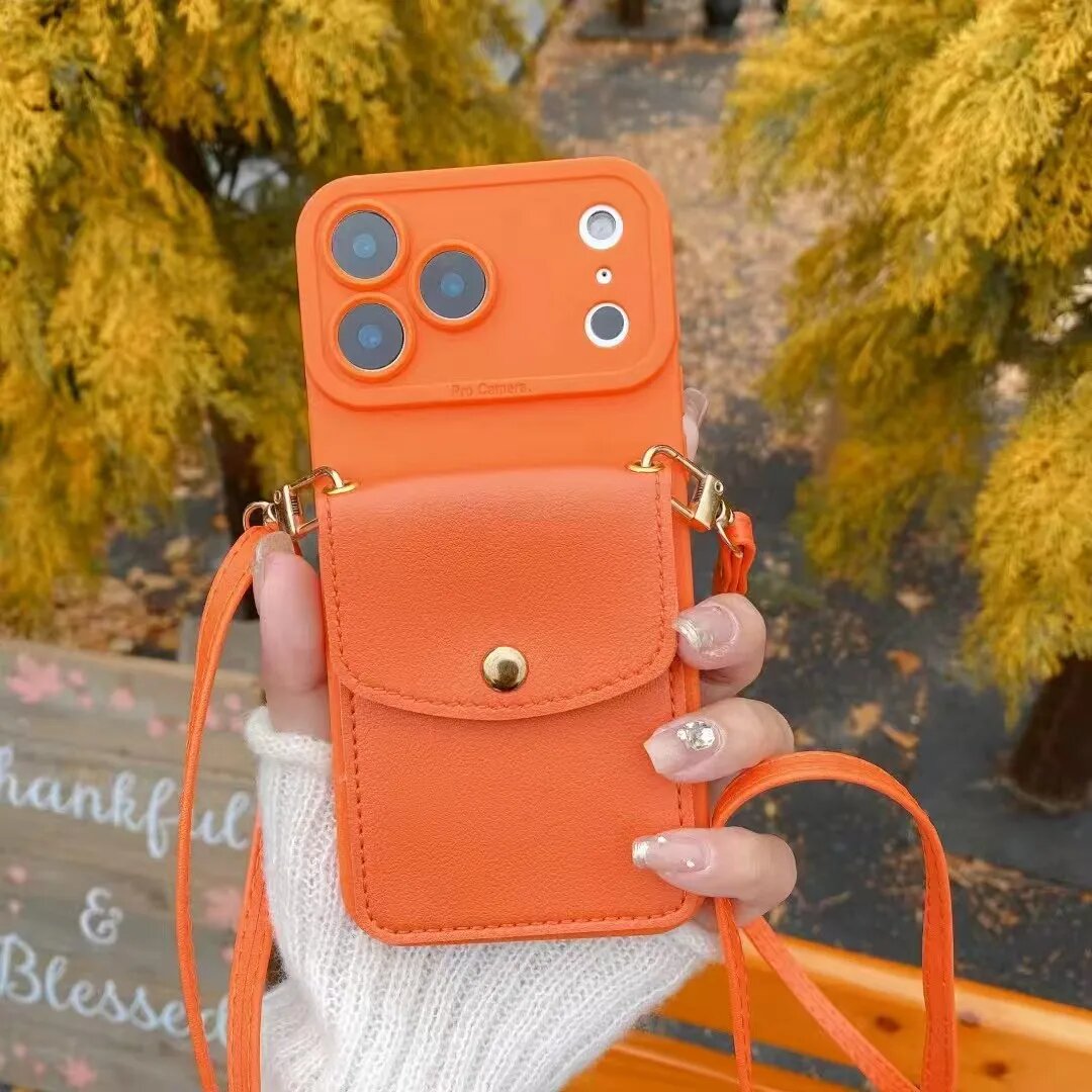 Оранжевый чехол-кошелек с ремешком через плечо для iPhone 17, 11, 12, 13, 14, 15, 16 Pro Max, ожерелье, ремешок, веревка, шнур, силиконовый чехол
