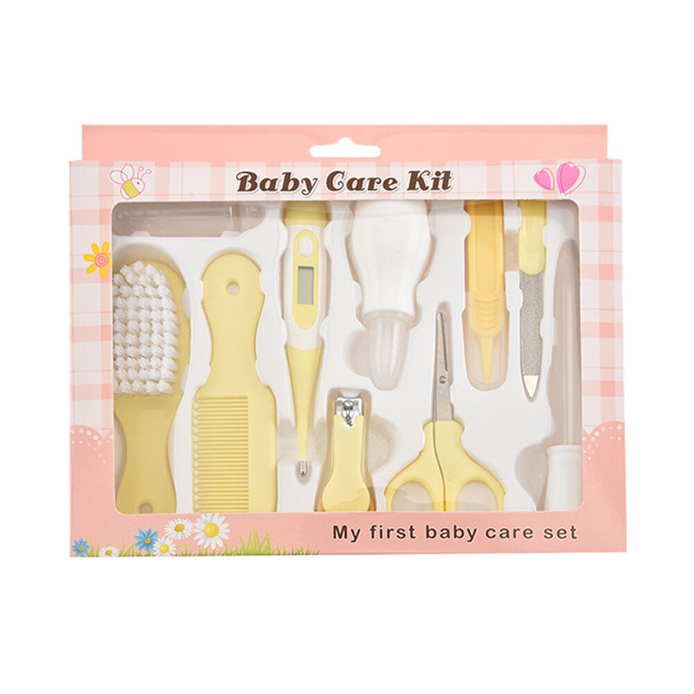 10pcs Набор для ухода за младенцем Ножницы для ногтей Щетка для волос Расческа Термометр Клинер для носа Цвета: синий, розовый, желтый розовый, желтый синий Материал: ABS Размер упаковки: 241*95*37мм Вес упаковки: 290г