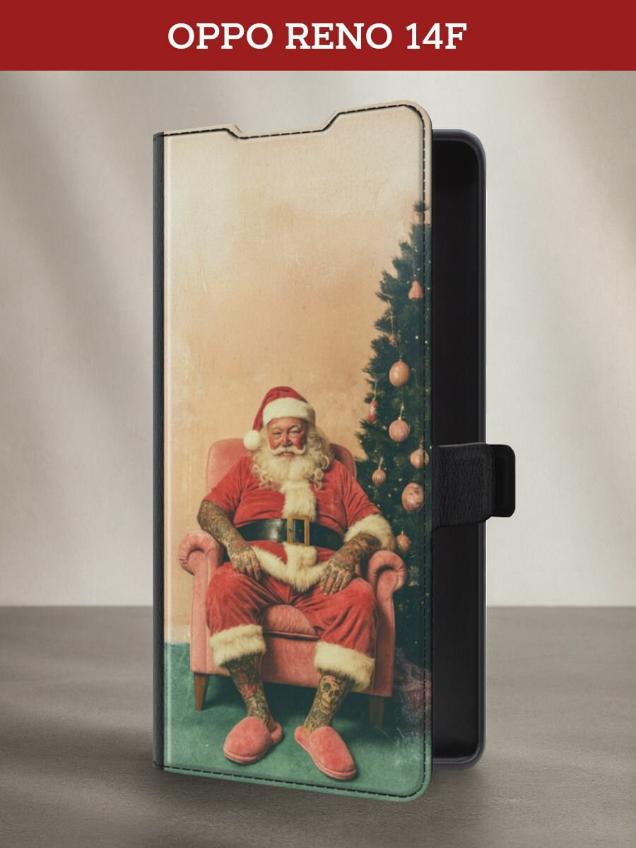 Чехол-книжка на Oppo Reno 14F / Оппо Рено 14F с принтом Крутой Дед-Мороз, черный