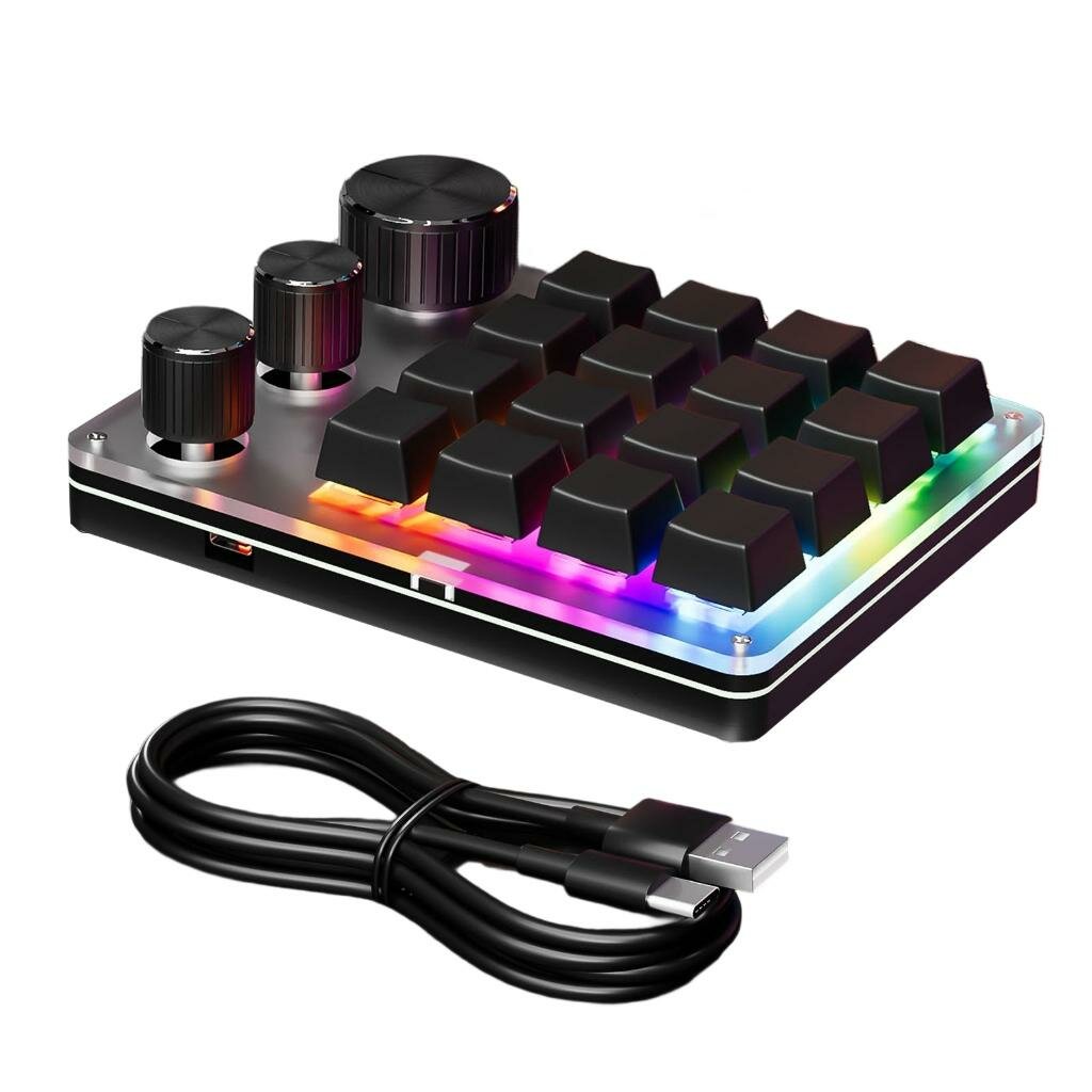 Программируемая USB-C клавиатура с 16 клавишами и 3 ручками, Черный