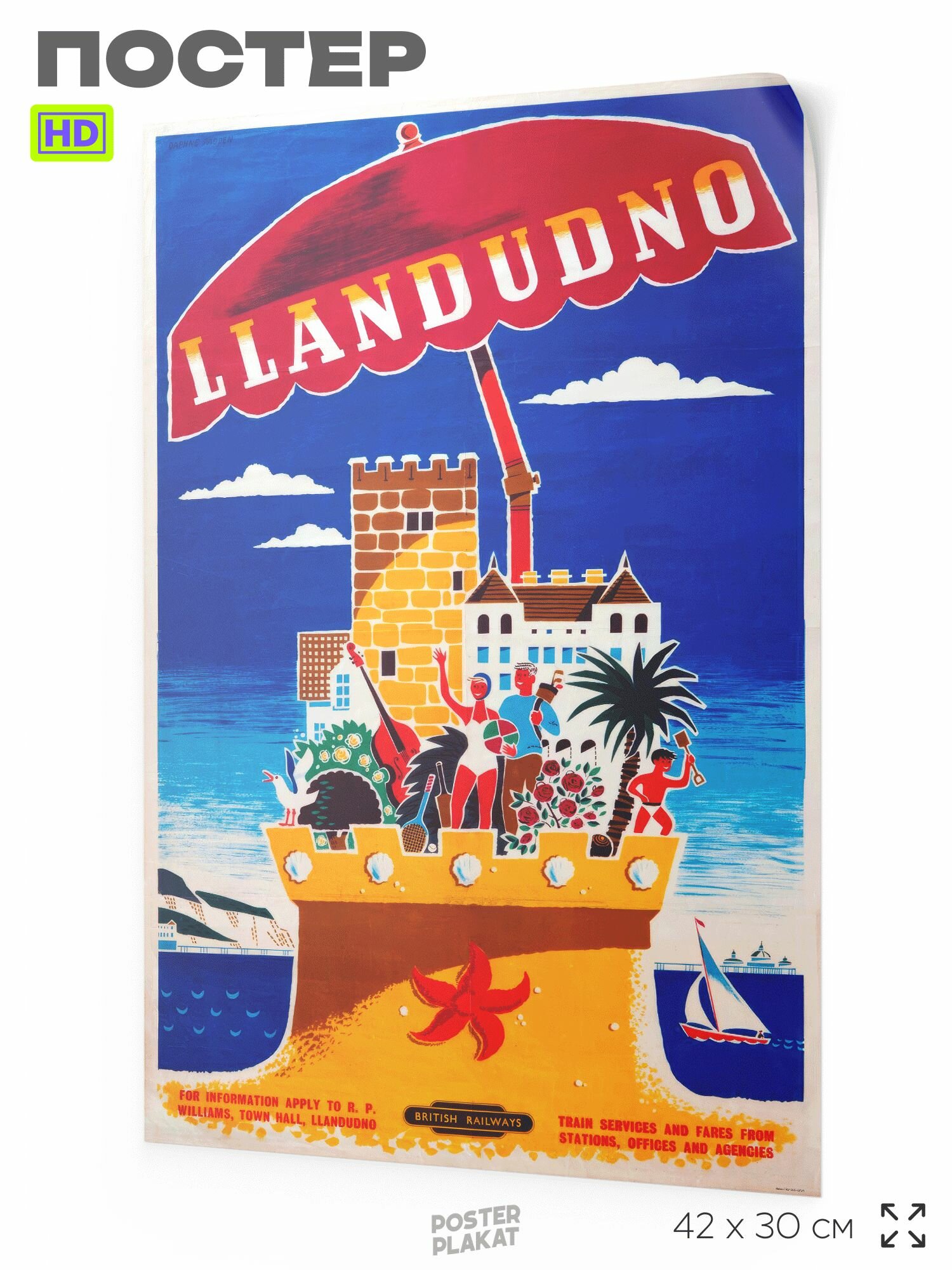Постер ретро винтажный, Лландидно (Уэльс) тематика путешествия, на стену для интерьера, А3, Постер Плакат