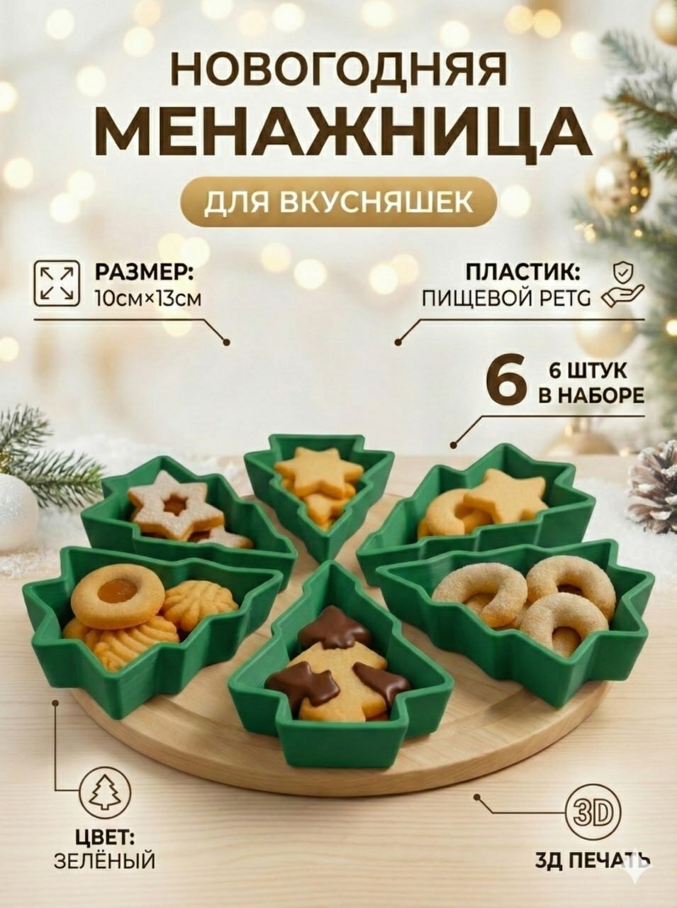 Новогодняя менажница Елочки набор 6 шт. Секционная тарелка для закусок и сервировки (зеленая, 3D печать)