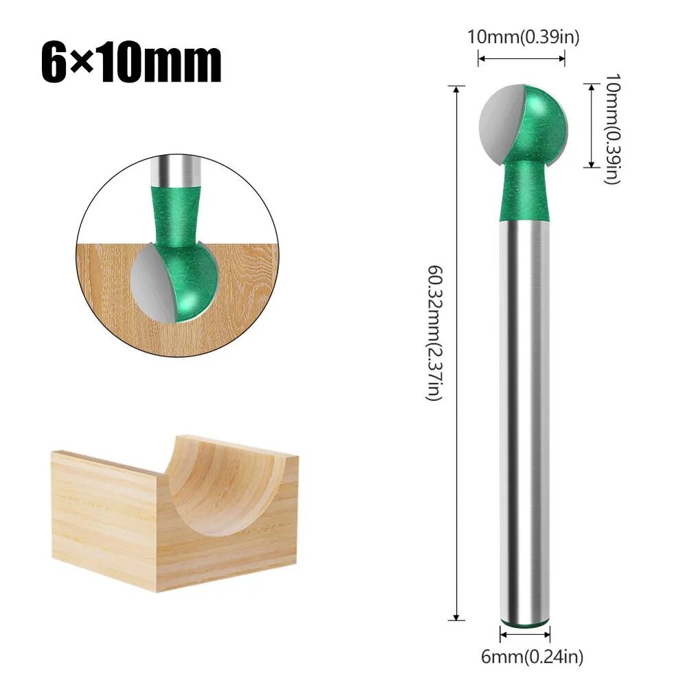 Фреза пазовая галтельная Сферическая головка 6 х 10 мм, хвостовик 6 мм