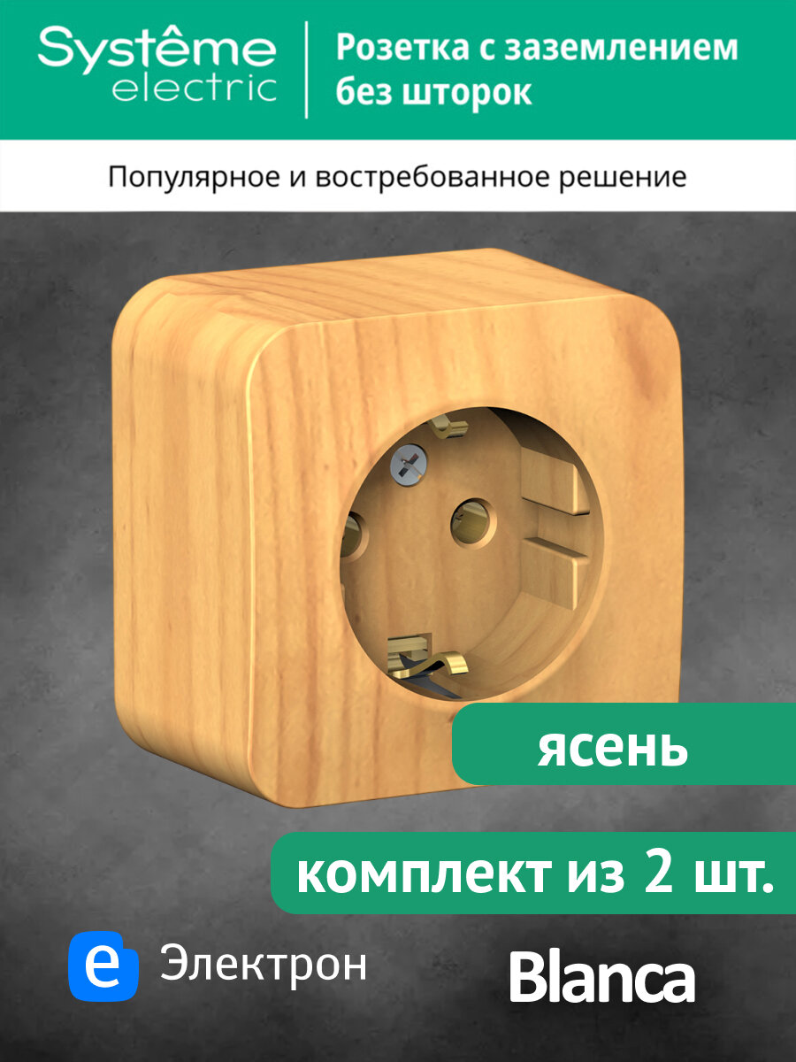 Розетка Systeme Electric Blanca с заземлением, без шторок, ясень, для открытой проводки, BLNRA010115 (комплект из 2 шт.)