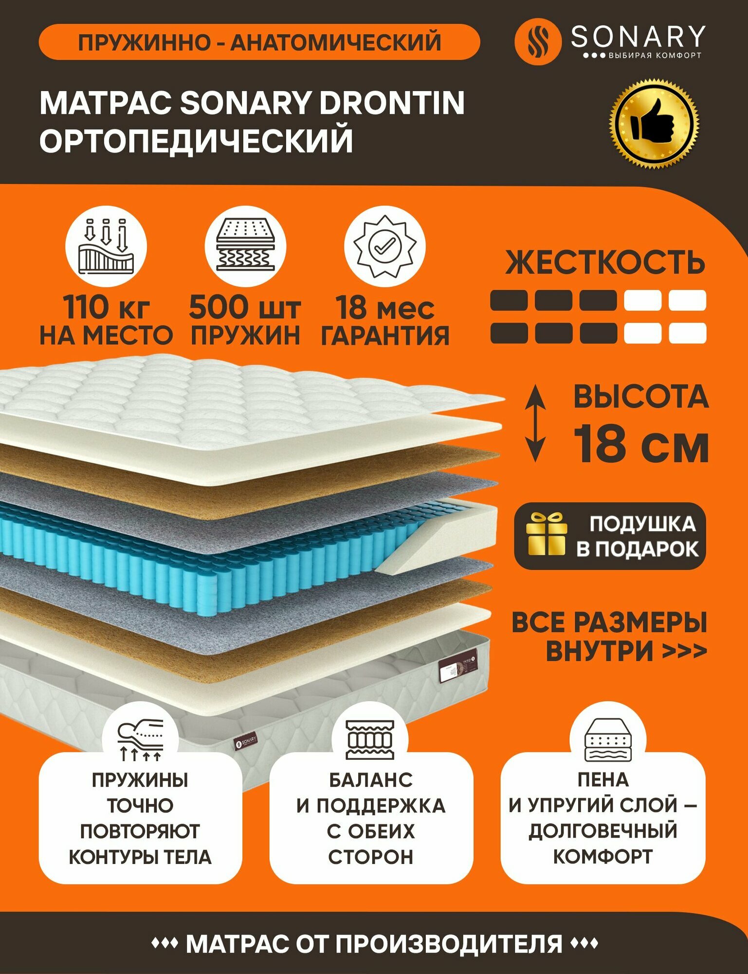 Матрас Sonary Drontin 165х200 серии Urban высота 18 см анатомический средней жесткости Независимые пружины