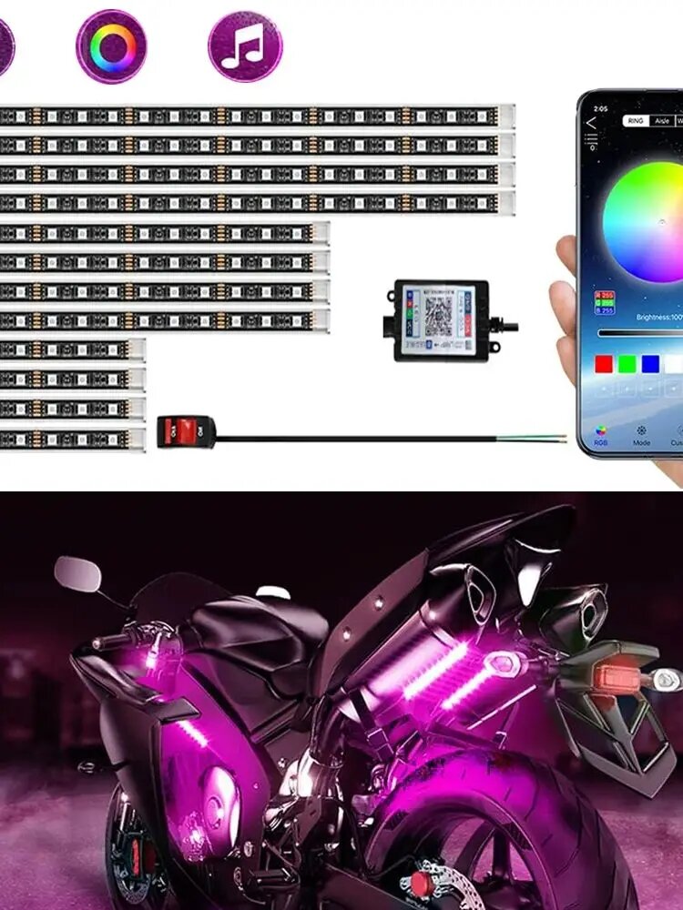 Комплект светодиодных фонарей подсвечением для мотоцикла, 12 шт, светодиодные внутренние ленты для мотоцикла RGB с музыкальным режимом, функция многоцветного стоп-сигнала