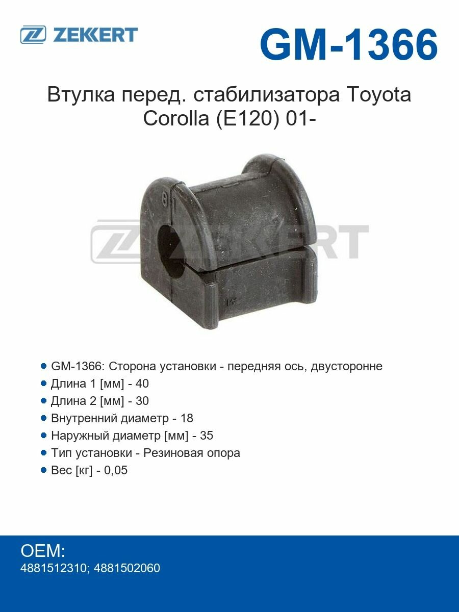 Zekkert Втулка стабилизатора передняя Toyota Corolla (E120) с 2001 года.