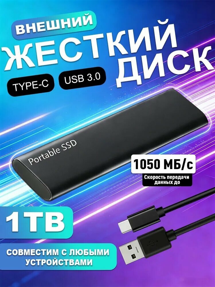 1 ТБ Внешний жесткий диск (1TB), Металл, черно-серый 1 ТБ - это надежное и удобное решение для