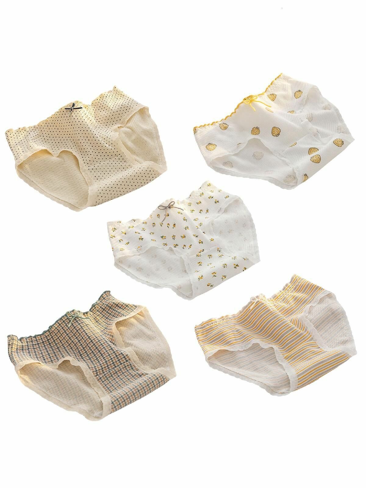 Женские хлопковые трусы с цветочным принтом и клубникой, Набор из пяти комбинаций - L