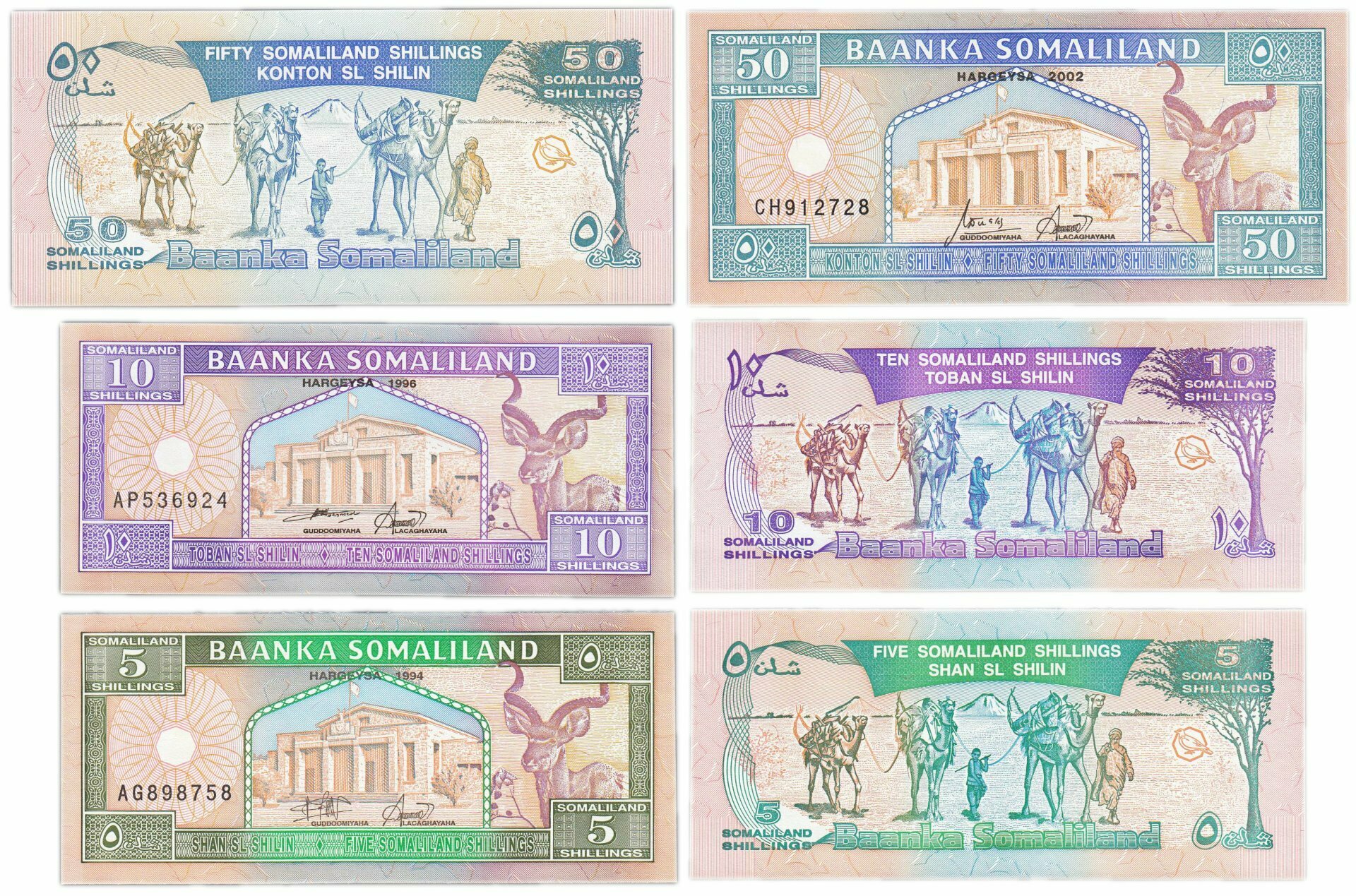 Сомалиленд набор 3 шт - 5, 10, 50 шиллингов 1994 - 2002 "Верблюды" Pick 1 -2-3