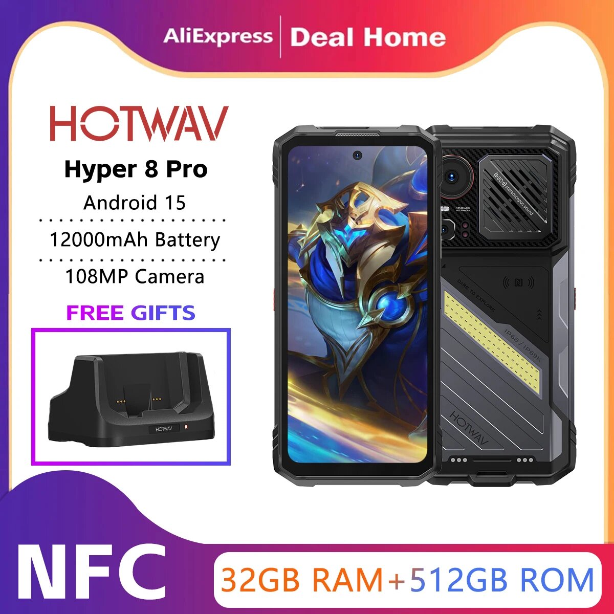 Прочный телефон HOTWAV Hyper 8 Pro NFC 12 ГБ + 512 ГБ 6,8 дюйма Android 15 Кемпинг Add BT Earphone