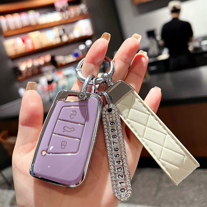 Чехол для ключа-брелока Volkswagen Magotan с белой ромбовидной веревкой и серебряной номерной табличкой пурпурный,