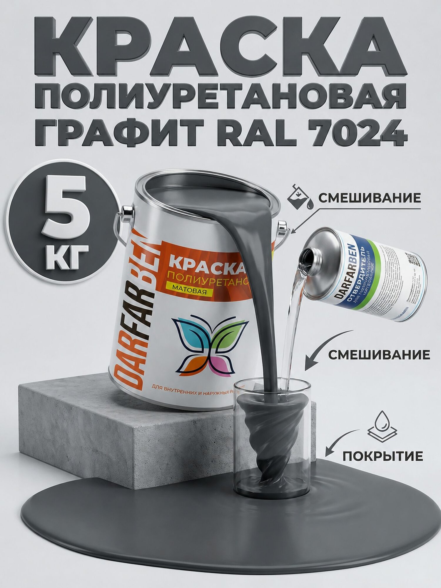 Полиуретановая краска графит матовая DARFARBEN декоративная эмаль для фасада, забора, крыши, дверей, окон ПВХ, мебели и пола по металлу, дереву, бетону, пластику 5 кг