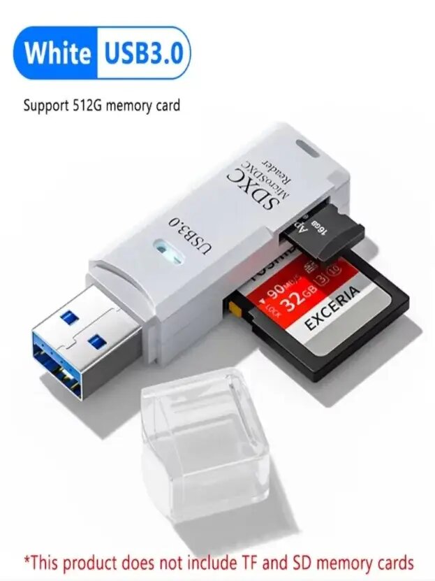 Картридер белого оттенка, версия USB 3.0, применяемый для карт памяти SD и TF, эксклюзивного исполнения, совместим с флешносителями.