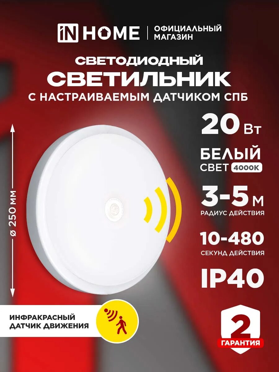 Светильник светодиодный IN HOME 20Вт 4000К 1400Лм нейтральный белый свет с настраиваемым датчиком белый 4690612020709