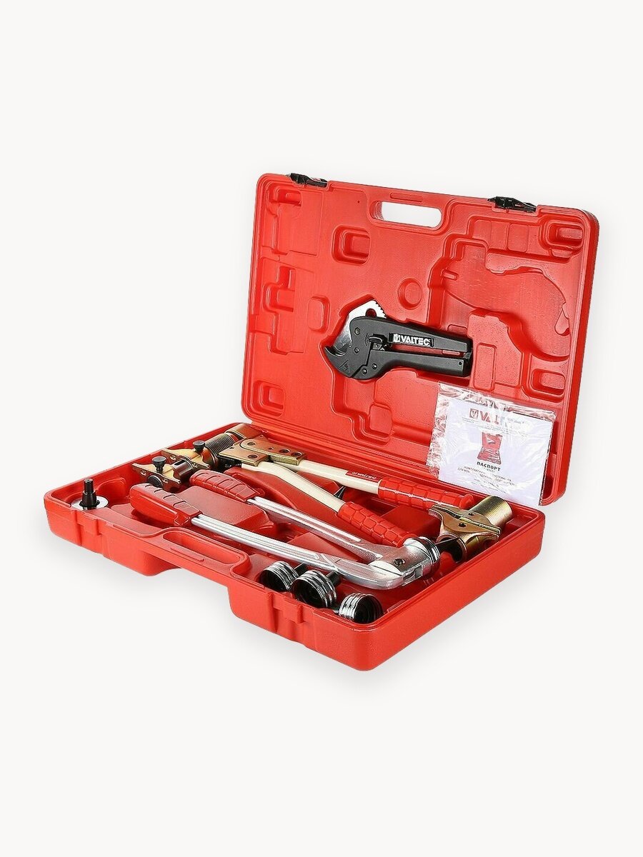 Пресс-инструмент ручной для монтажа аксиальных фитингов d 16-20-25-32 мм VALTEC / Комплект клещей с расширителями и насадками, зажимами и ножницами