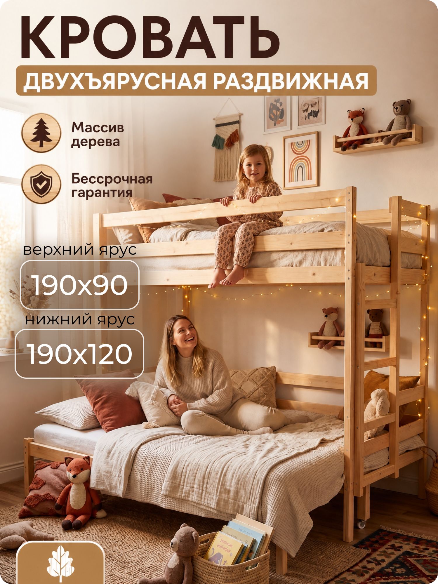 Кровать двухъярусная трансформер из массива сосны, с выкатным спальным местом (190х90/190х120), деревянная семейная детская кровать