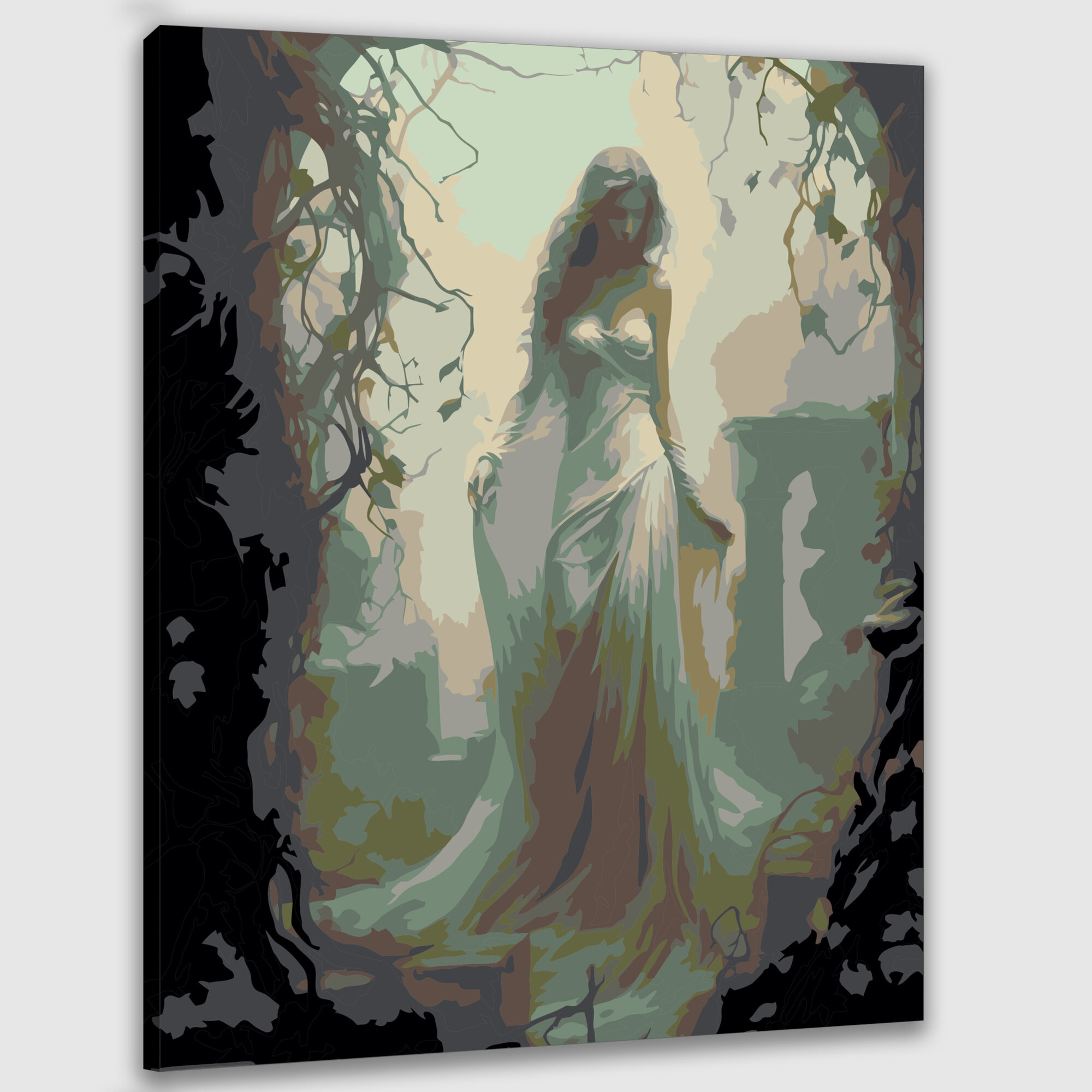 Картина по номерам 40x50 см, фотография, кладбище, надгробия, плющ, призрачная фигура, белое платье, туман, атмосфера