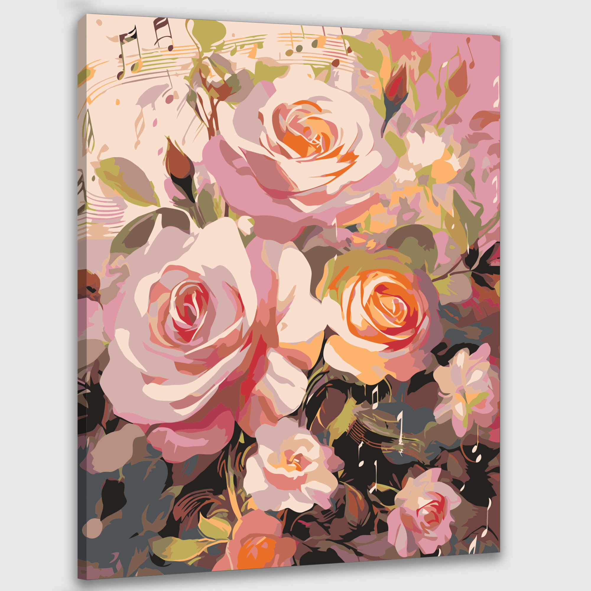 Картина по номерам 40x50 см, розовый сад, множество роз, разноцветные розы, яркий цвет, полный цвет, музыкальные ноты