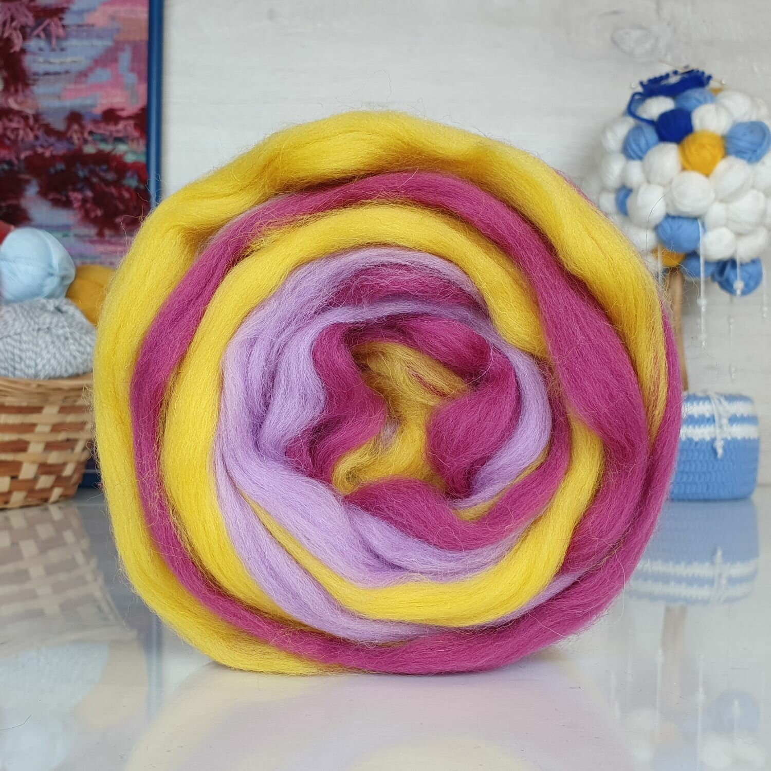 Пряжа шерстяная Полутонкая шерсть (для валяния), мульти(жёлт/св. фиал/т. циклам - 1509, 100% шерсть п/т, 1 моток, 100 г, м.