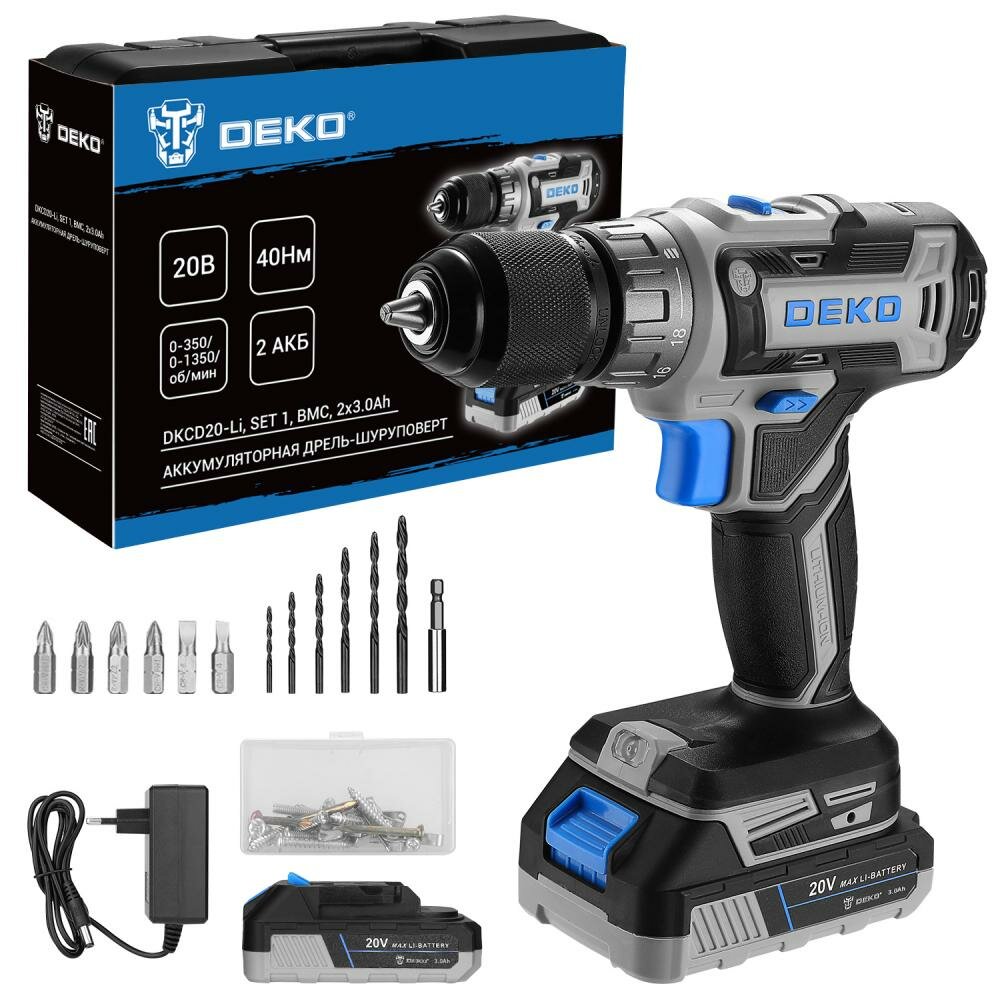 Аккумуляторная дрель-шуруповерт DEKO DKCD20-Li SET1 20В 2x3Ач 40Нм 083-1117