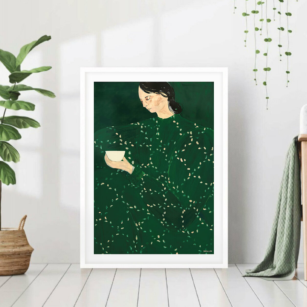 Постер "Зеленая пижама Sofia Lind " 50x70 в белой рамке для интерьера на стену