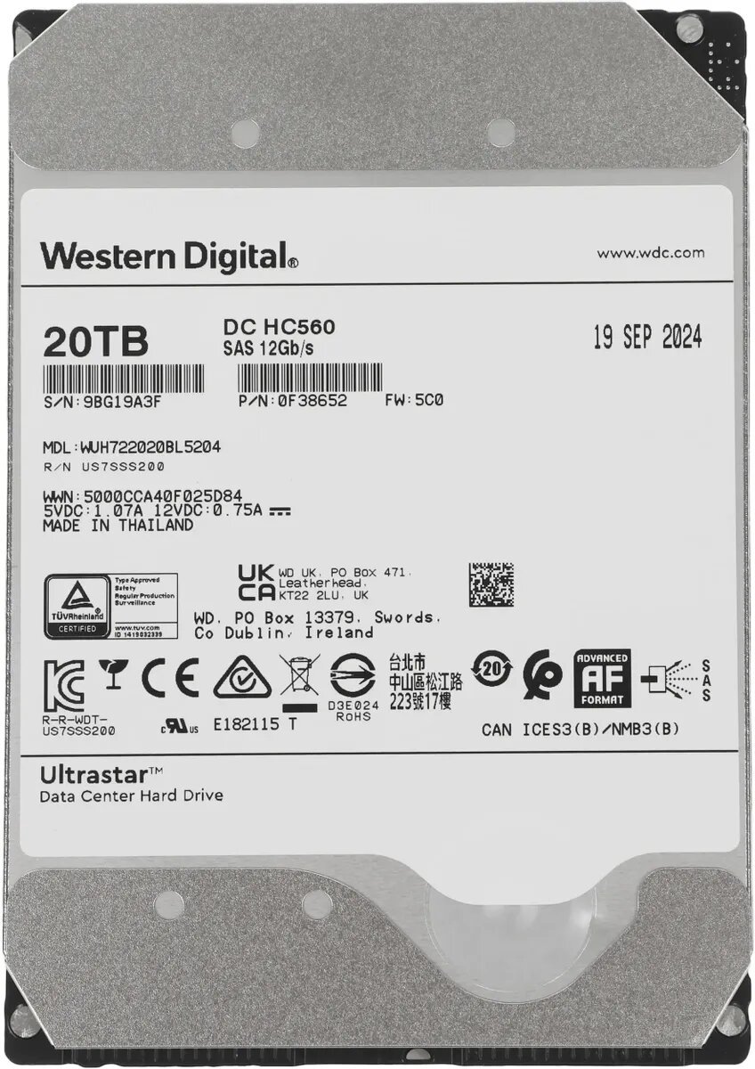 0F38652 / Жесткий диск WD Ultrastar DC HC560 WUH722020BL5204, 20ТБ, HDD, SAS 3.0, 3.5" [0f38652]