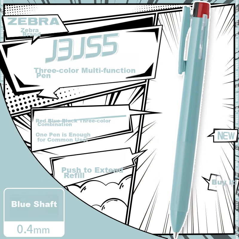 ZEBRA Multi-Function Three-Color Gel Pen, Black/Blue/Red 0.4mm Retractable Multi-Color Pen, Student Business Office Signing Pen J3JS5, Misty Blue Barrel