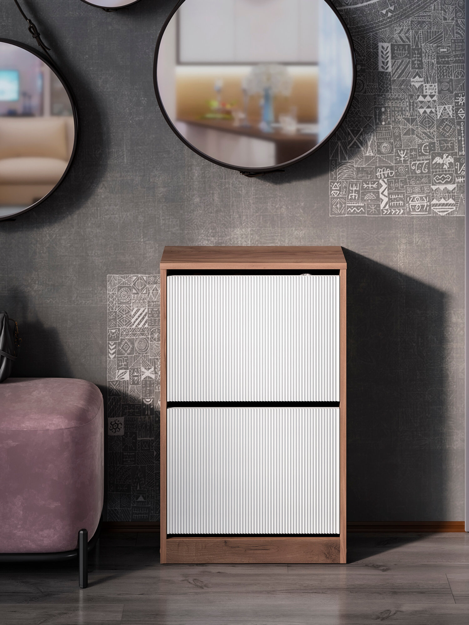 Обувница FRENT Рио, ЛДСП, дуб крафт табачный, холст белый, 50 см x 23,4 см x 81 см