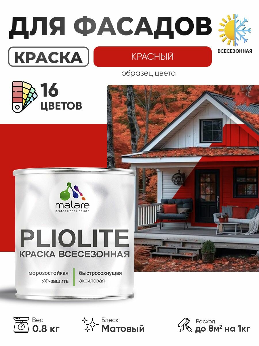 Краска-эмаль Pliolite всесезонная, зимняя, для всех типов поверхностей, антикоррозионная, RAL 3020, красный, матовая, 0,8 кг.