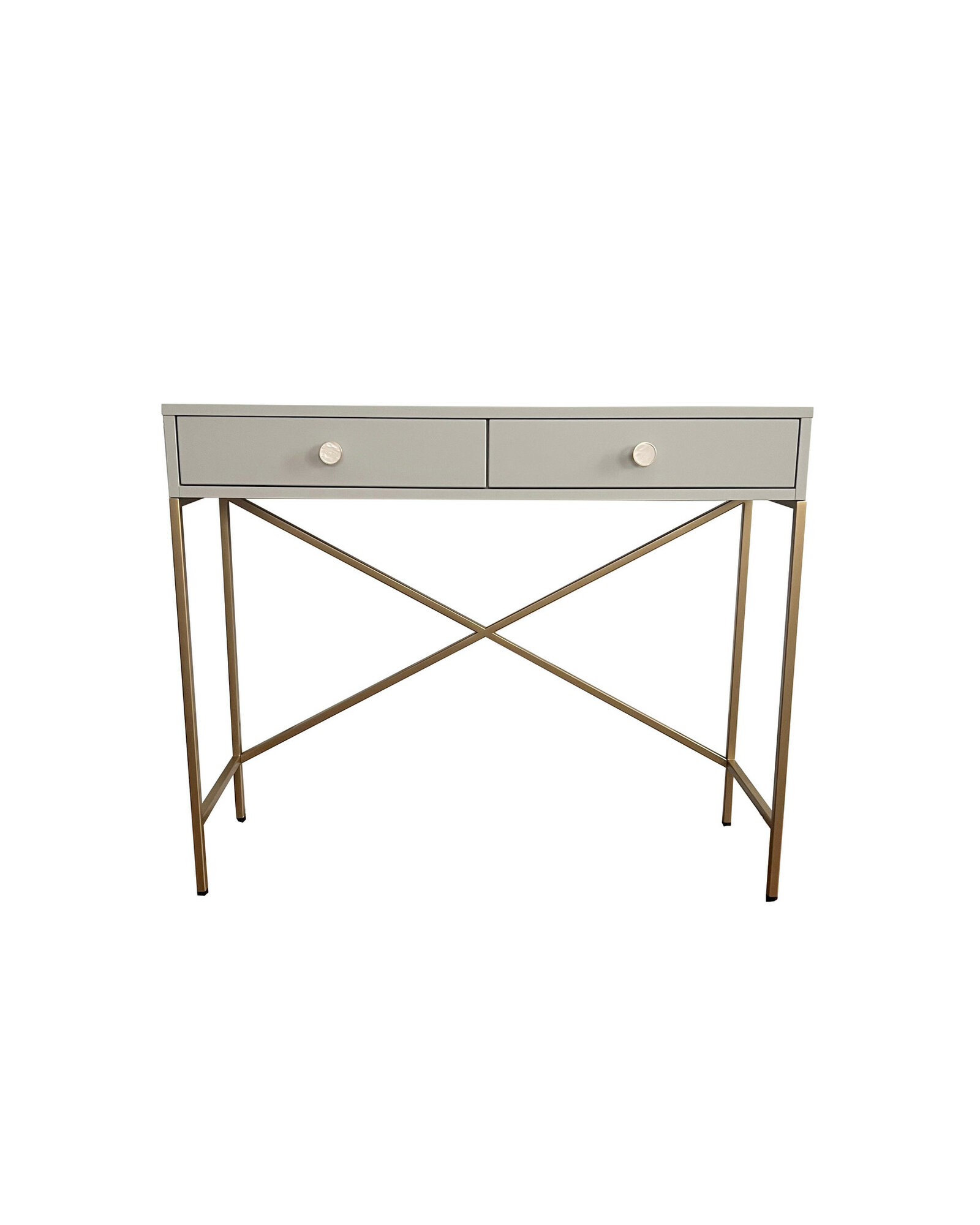 Консоль Равенна 244L с двумя ящиками бежево-серого цвета RAL 7044 на золотистном металлическом каркасе