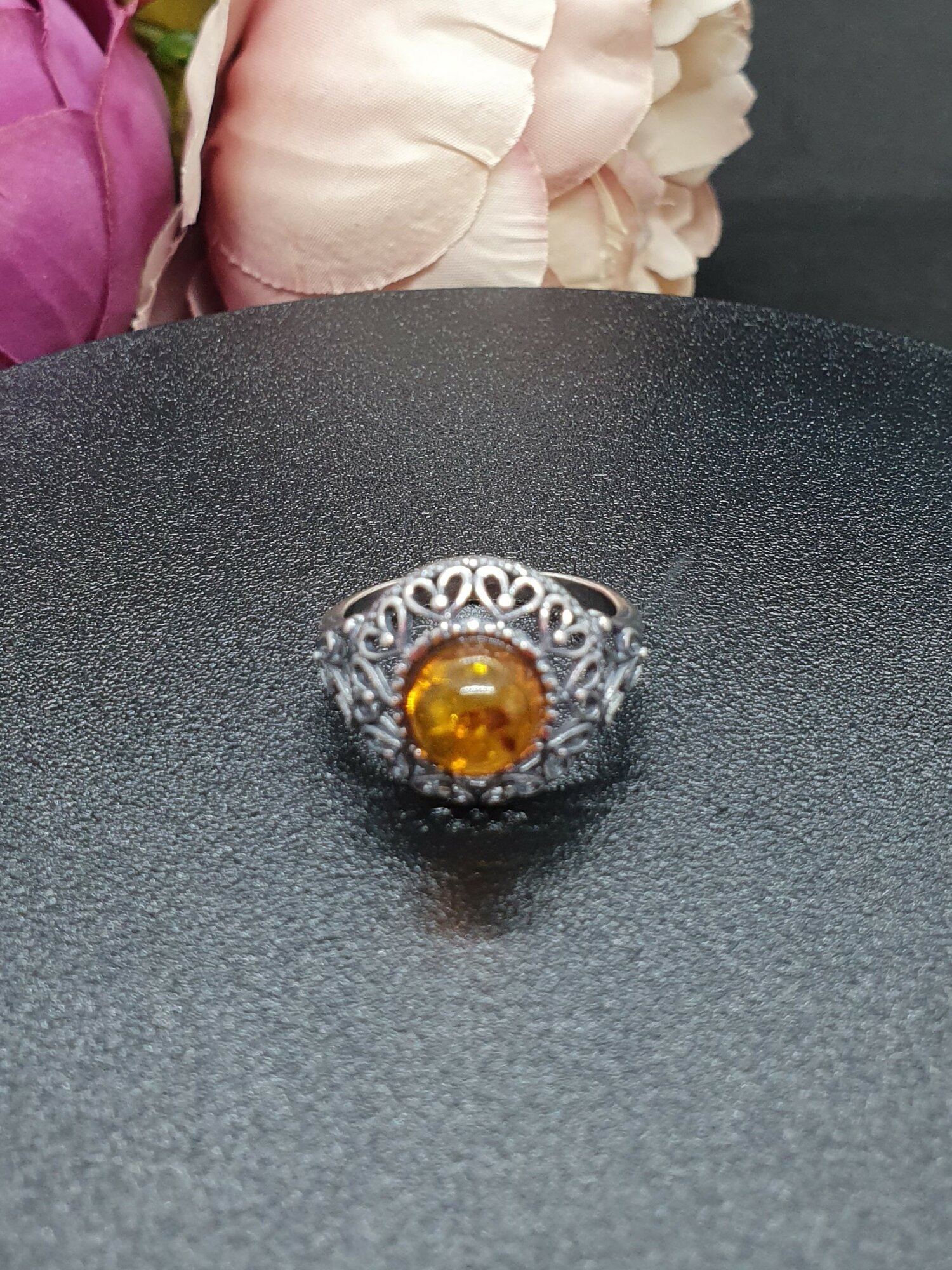 Кольцо, янтарь, искусственный камень