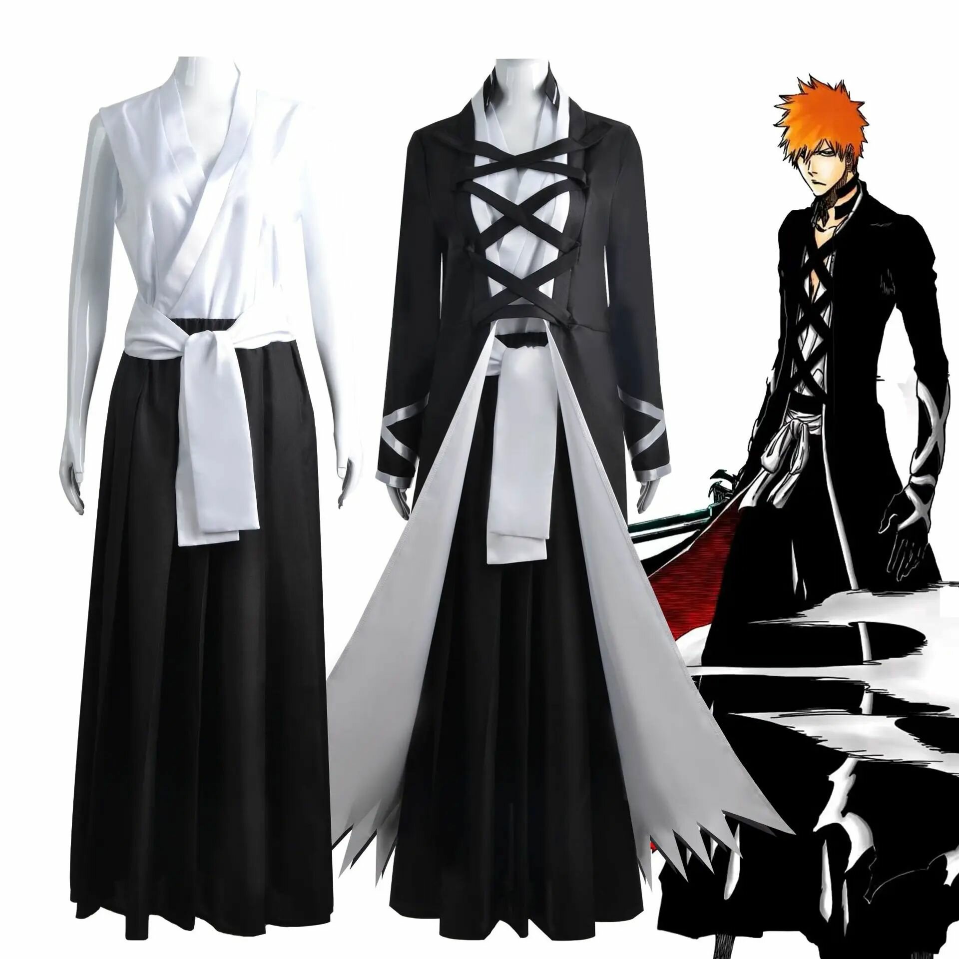 Костюм для косплея Bleach Kurosaki Ichigo, аниме черный халат, униформа для мужчин, костюмы для Хэллоуина