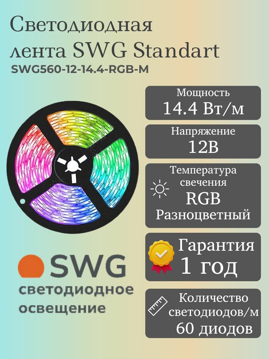SWG Светодиодная лента RGB 14,4 Вт/м, 12В, IP20