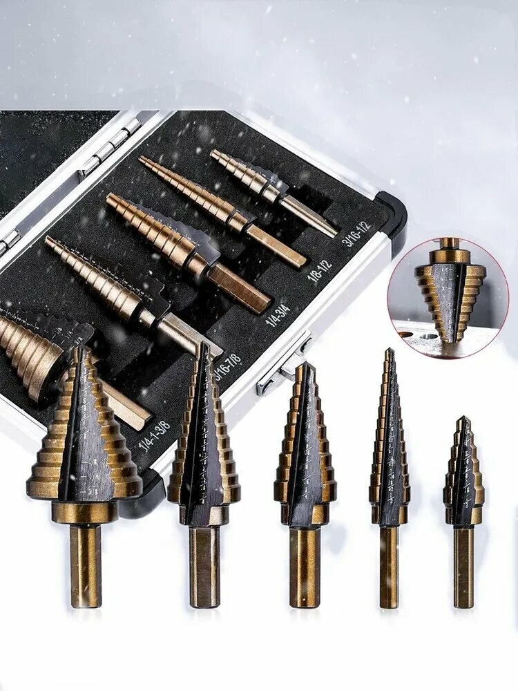 Набор ступенчатых сверл по металлу с титановым покрытием в кейсе 5шт (6-35, 5-22, 6-19, 5-13, 3-12мм)/сверло ступенчатое по металлу/трехгранный хвостовик